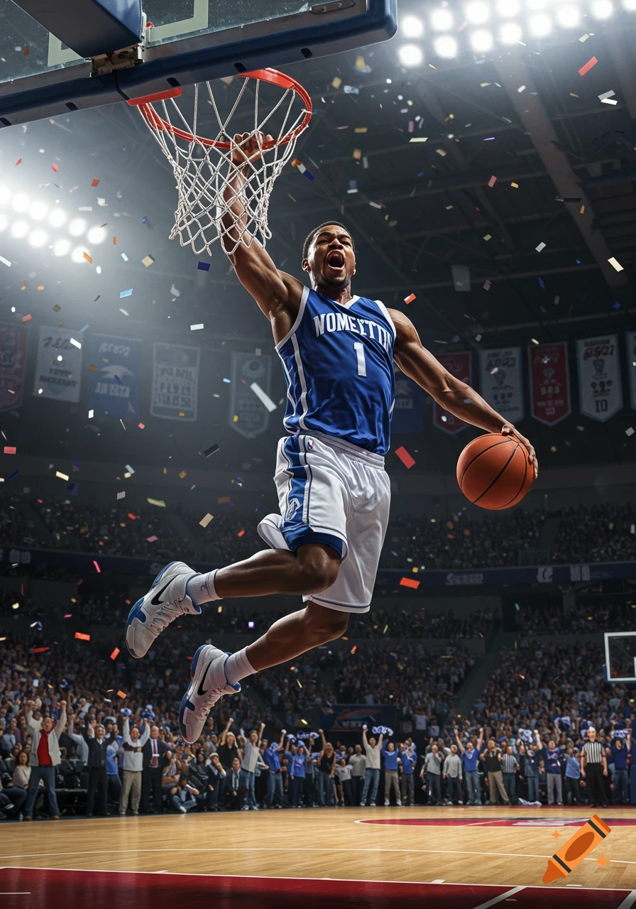 A male basketball player in a blue and white jersey dunks a basketball ...