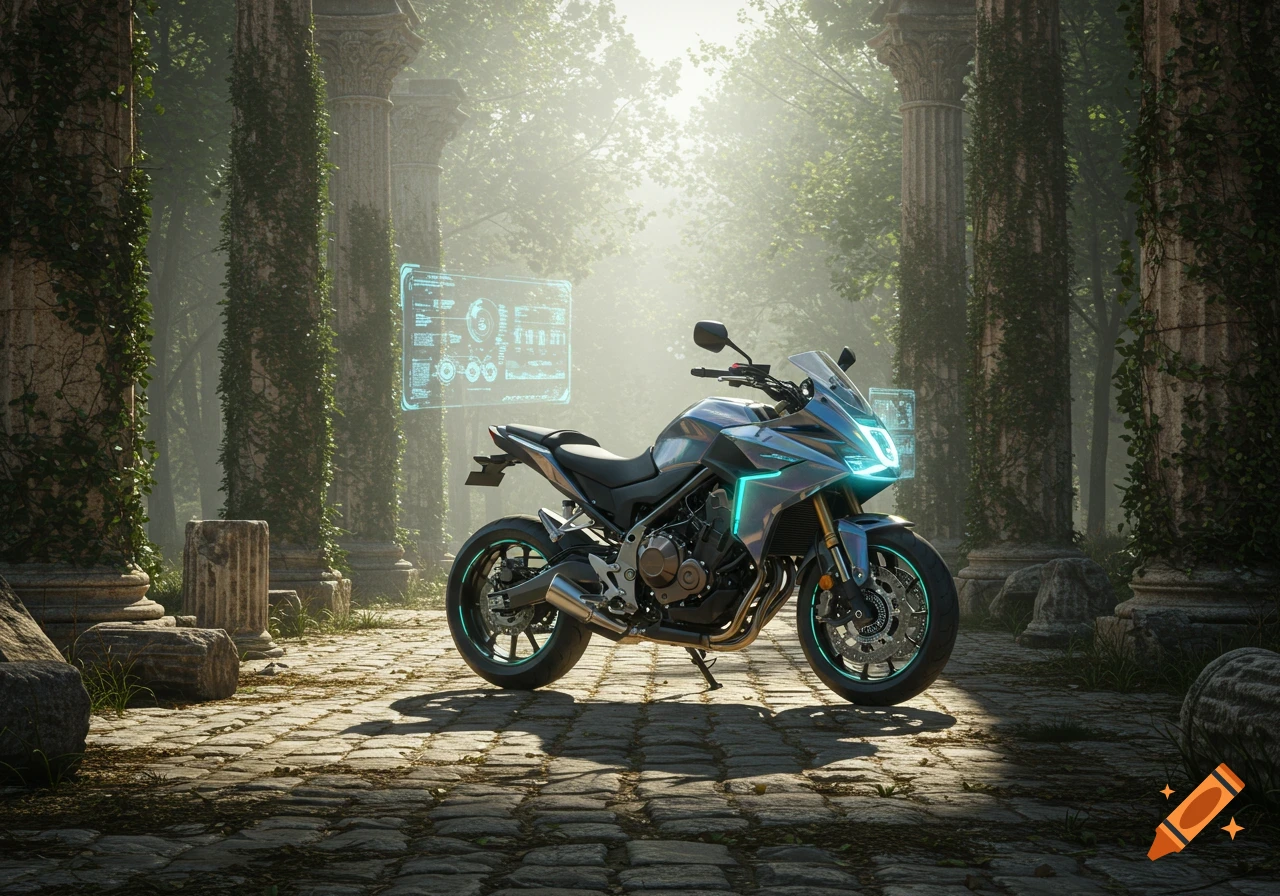 Photorealistic image of a futuristic motorcycle with blue glowing ...