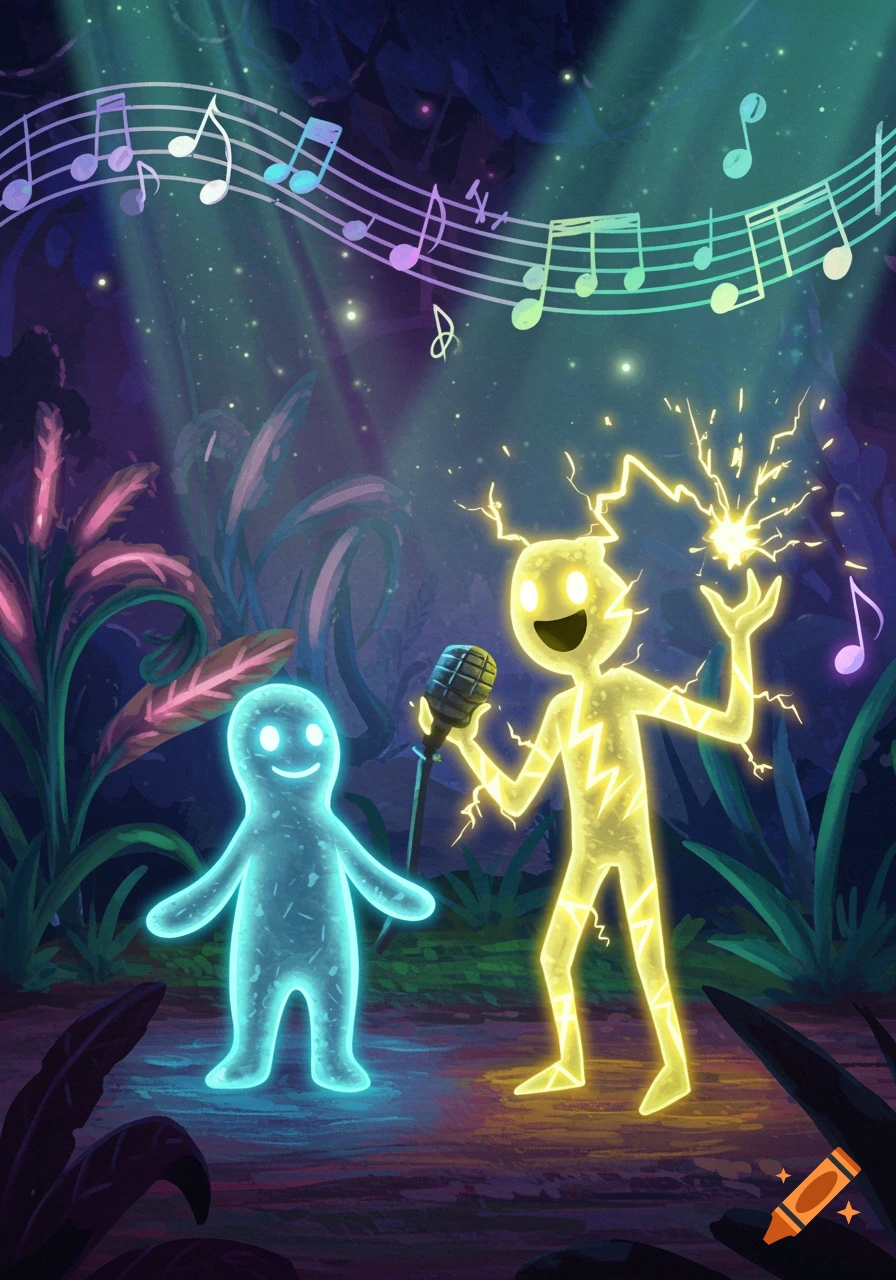 Glowing drum set in a dark, magical forest with luminescent plants ...