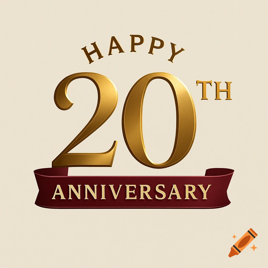 A golden 'Happy 20th Anniversary' logo with the number 20 and 'TH ...
