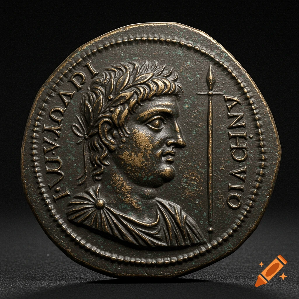 Close-up of an ancient bronze coin featuring the profile bust of a ...