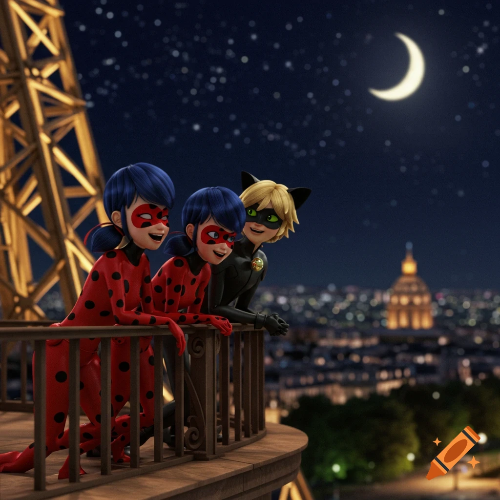 Ladybug and Cat Noir look out from the Eiffel Tower at night, with the ...