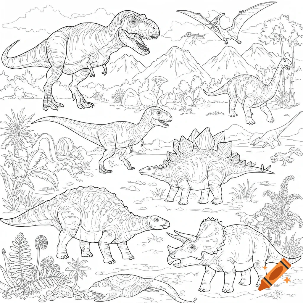 A detailed black and white line art drawing of various dinosaurs in a ...