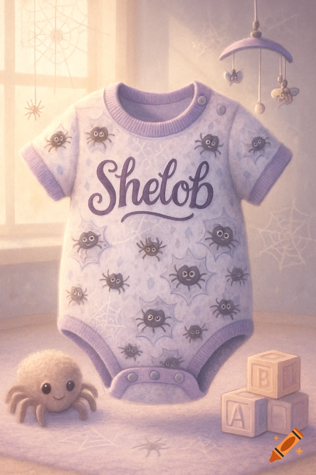 Stylized baby onesie with 'Shelob' text, cute spiders, and webs. A ...