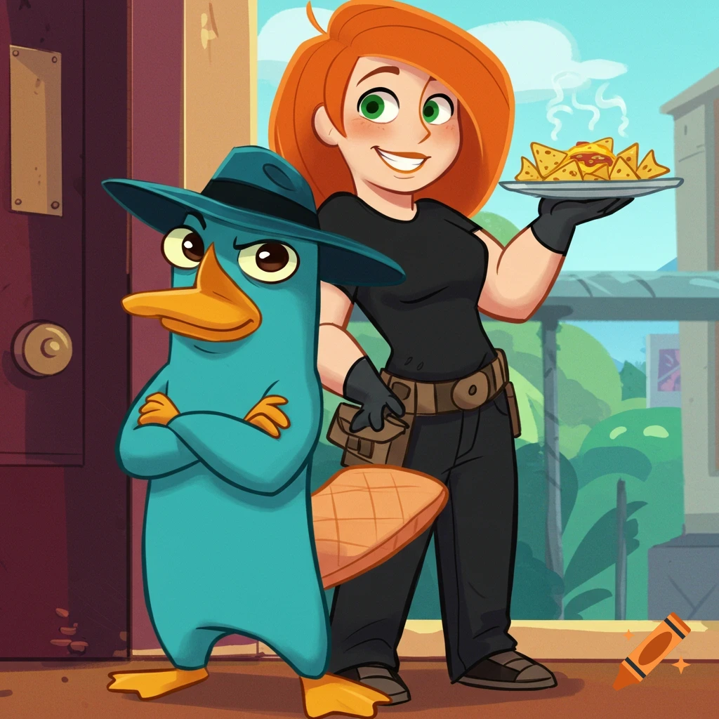 Cartoon of Perry the Platypus standing with Kim Possible holding a ...