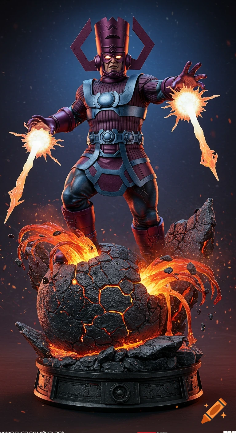 Large purple cosmic entity Galactus with glowing red eyes holds Earth ...