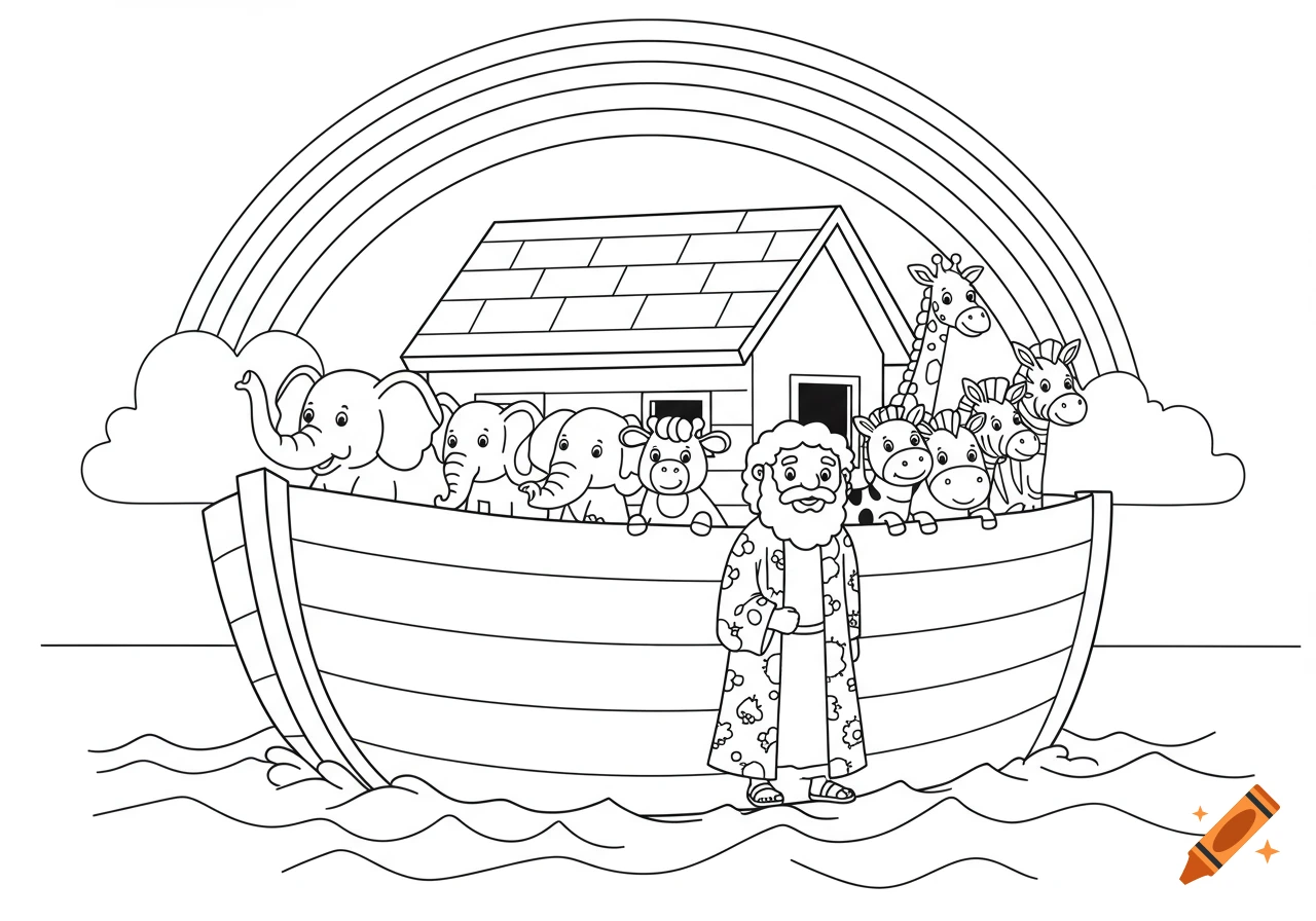 Line art coloring page of Noah's Ark on a mountain, with pairs of ...