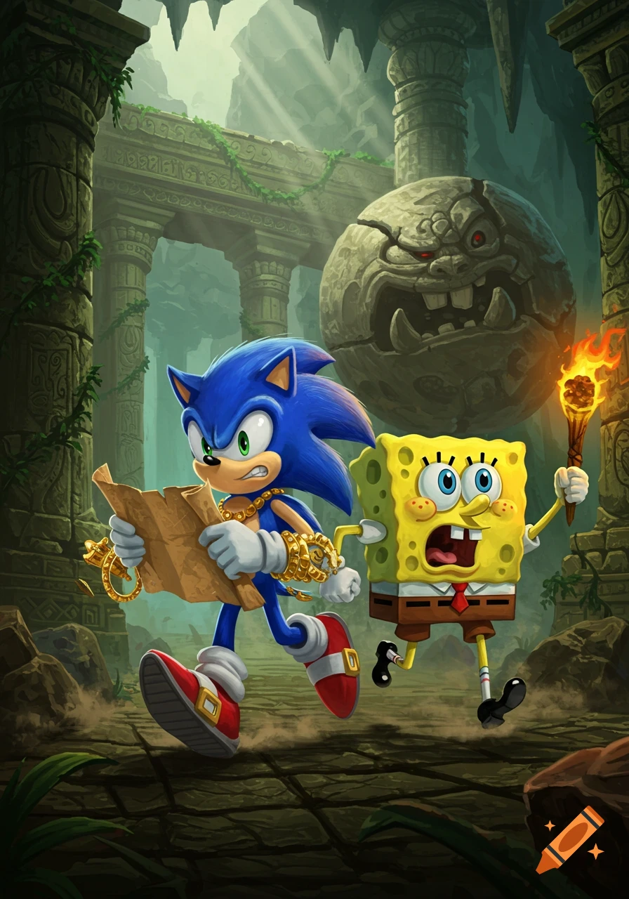 Sonic and SpongeBob run through ancient ruins, with Sonic holding a map ...