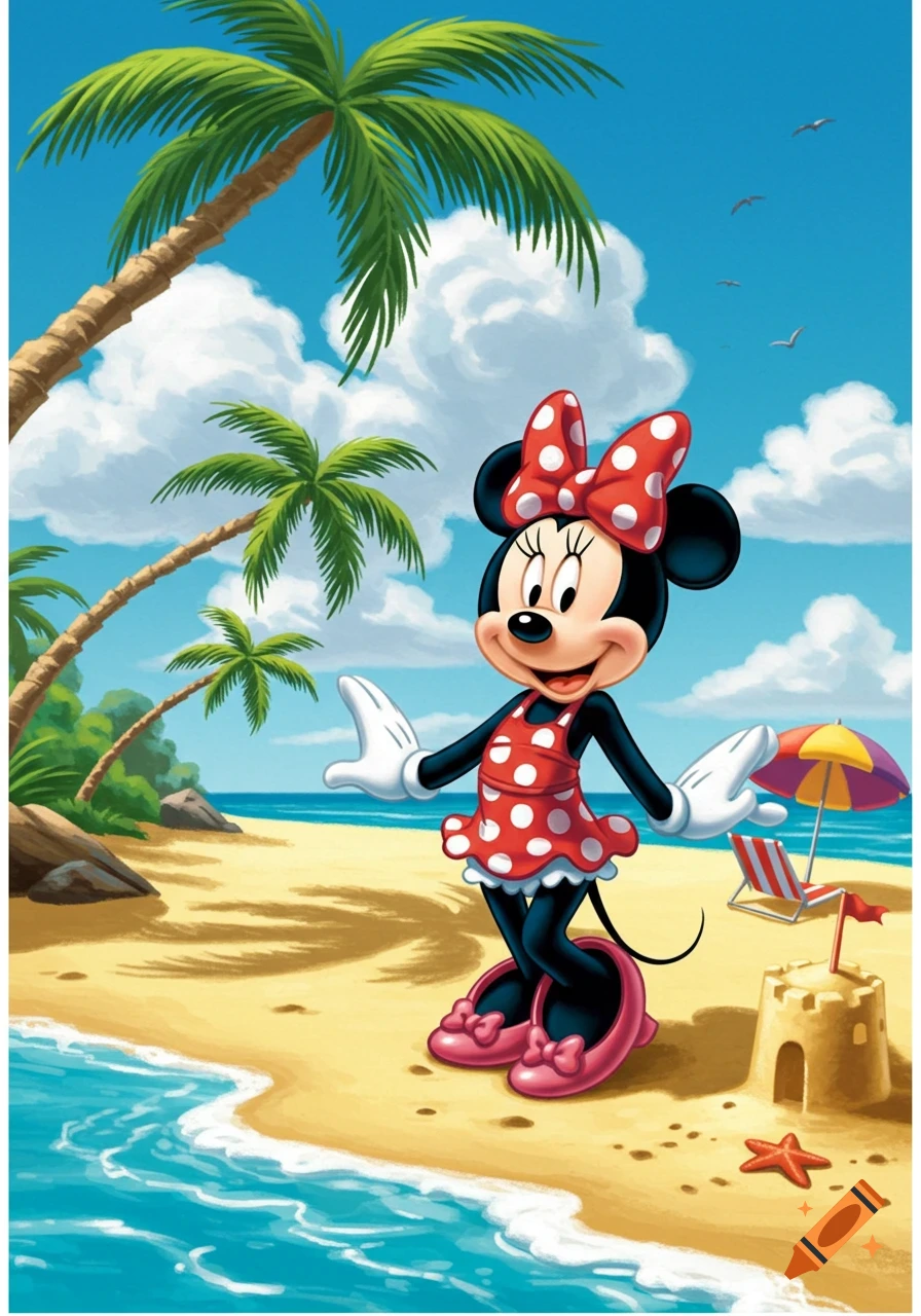 Minnie Mouse on a sunny cartoon beach with palm trees, ocean waves, a ...