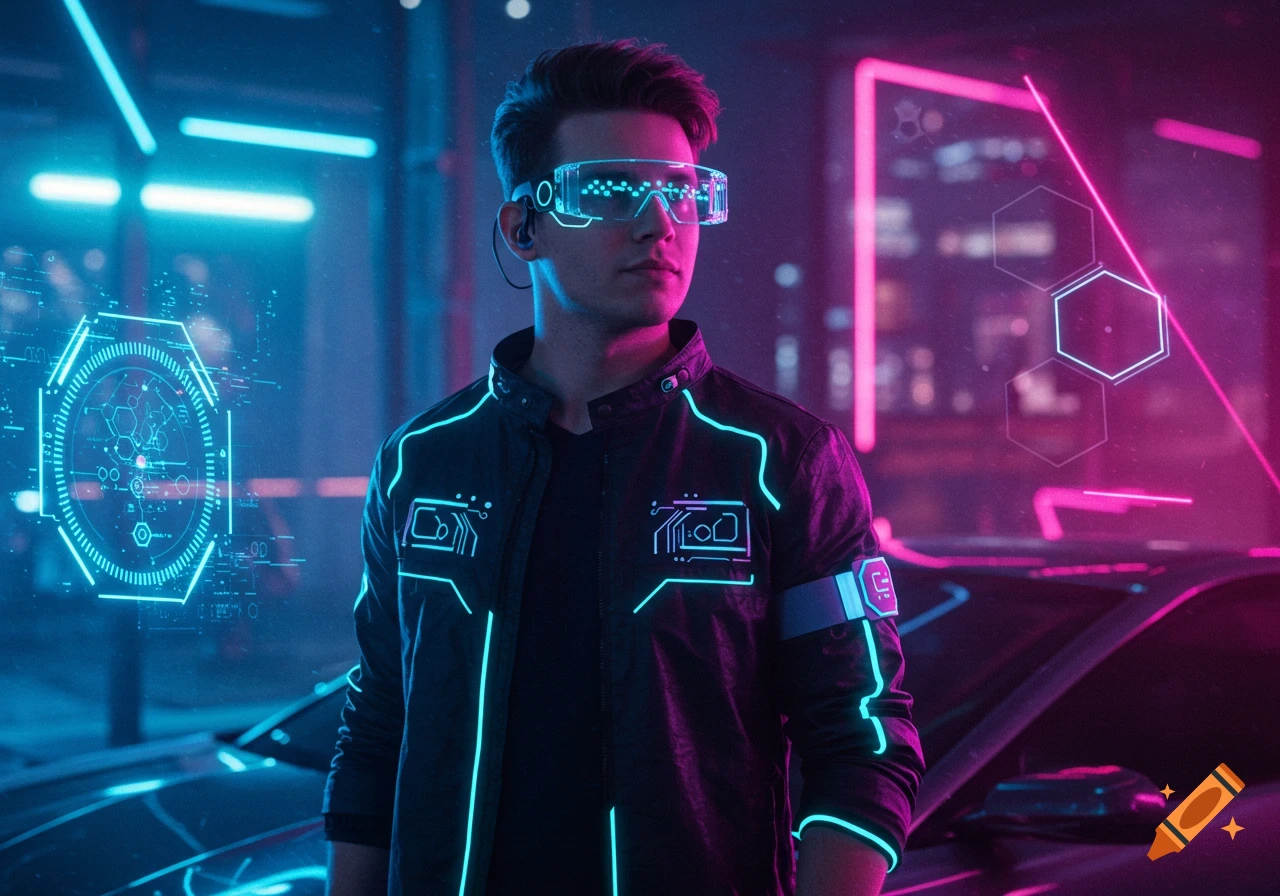 A young man in futuristic neon-lit clothing with tech glasses stands in ...