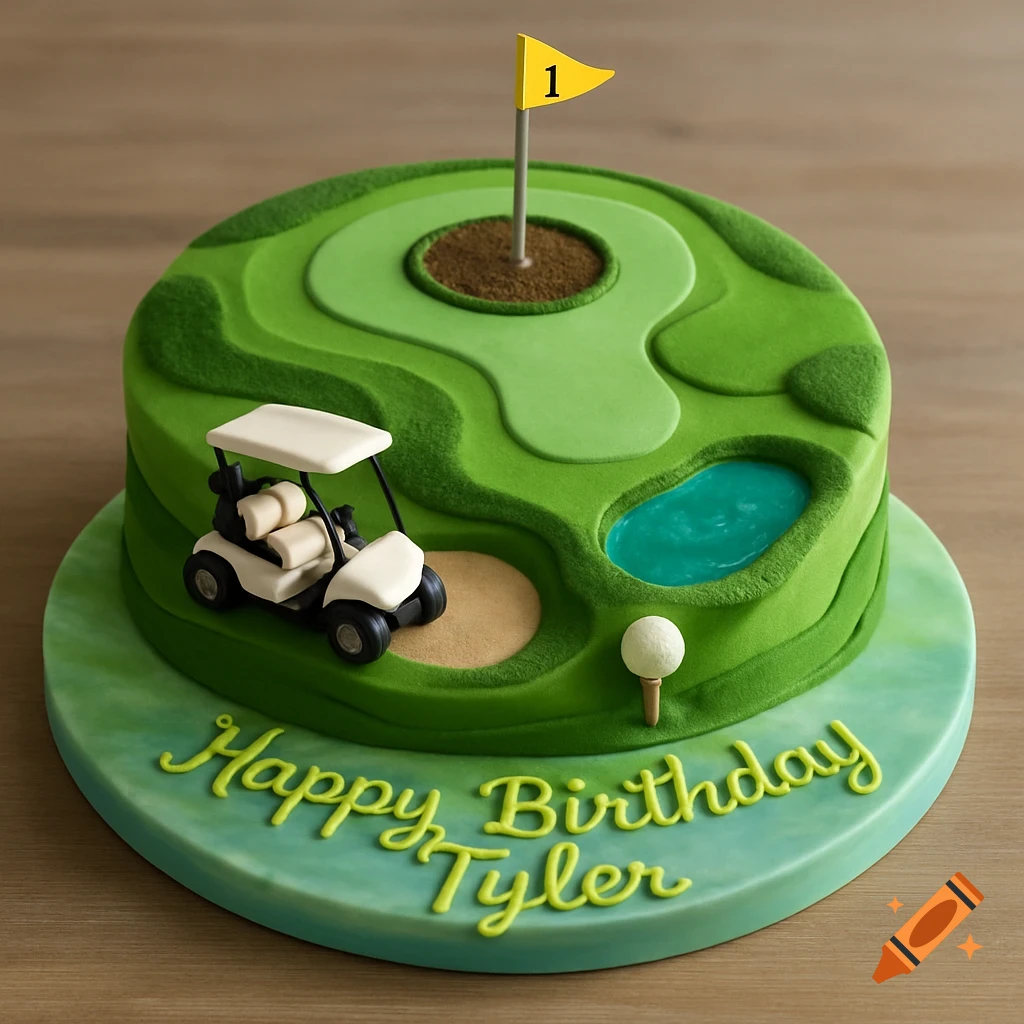 A realistic golf-themed birthday cake with a golf cart, flag with '1', and 'Happy Birthday Tyler ...