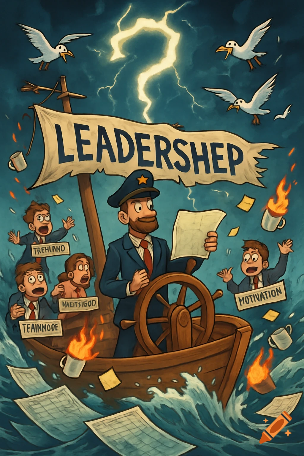 A cartoon captain steers a boat through a stormy sea of papers and mugs ...