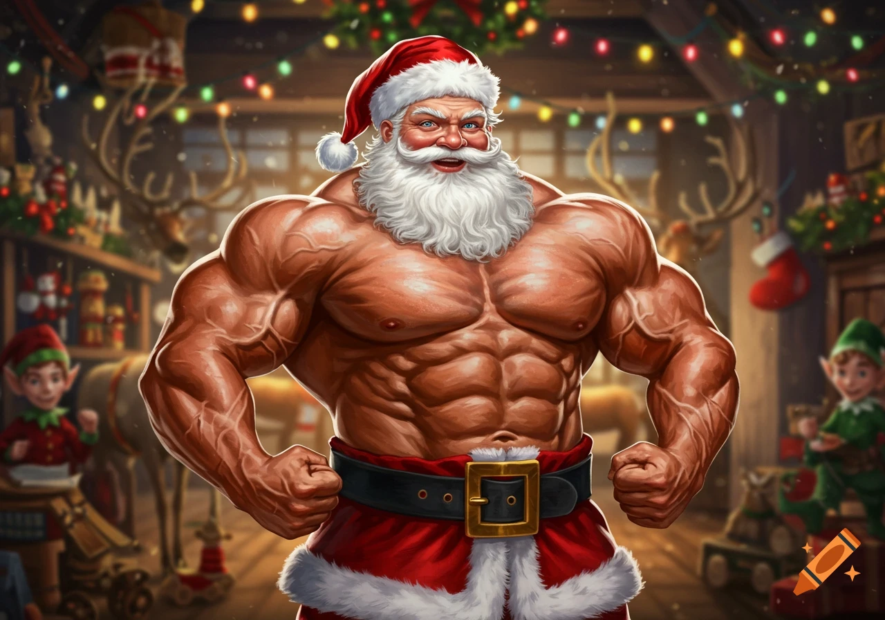 Muscular Santa Claus flexing in a festive workshop with elves in the background. on Craiyon