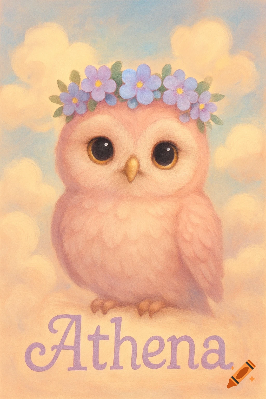 A cute, light pink owl wearing a flower tiara, standing in pastel ...