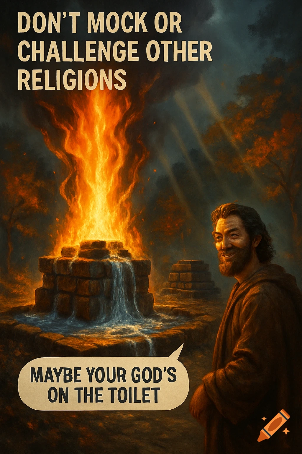 A man in a suit points and argues with Jesus, who stands calmly, in a ...