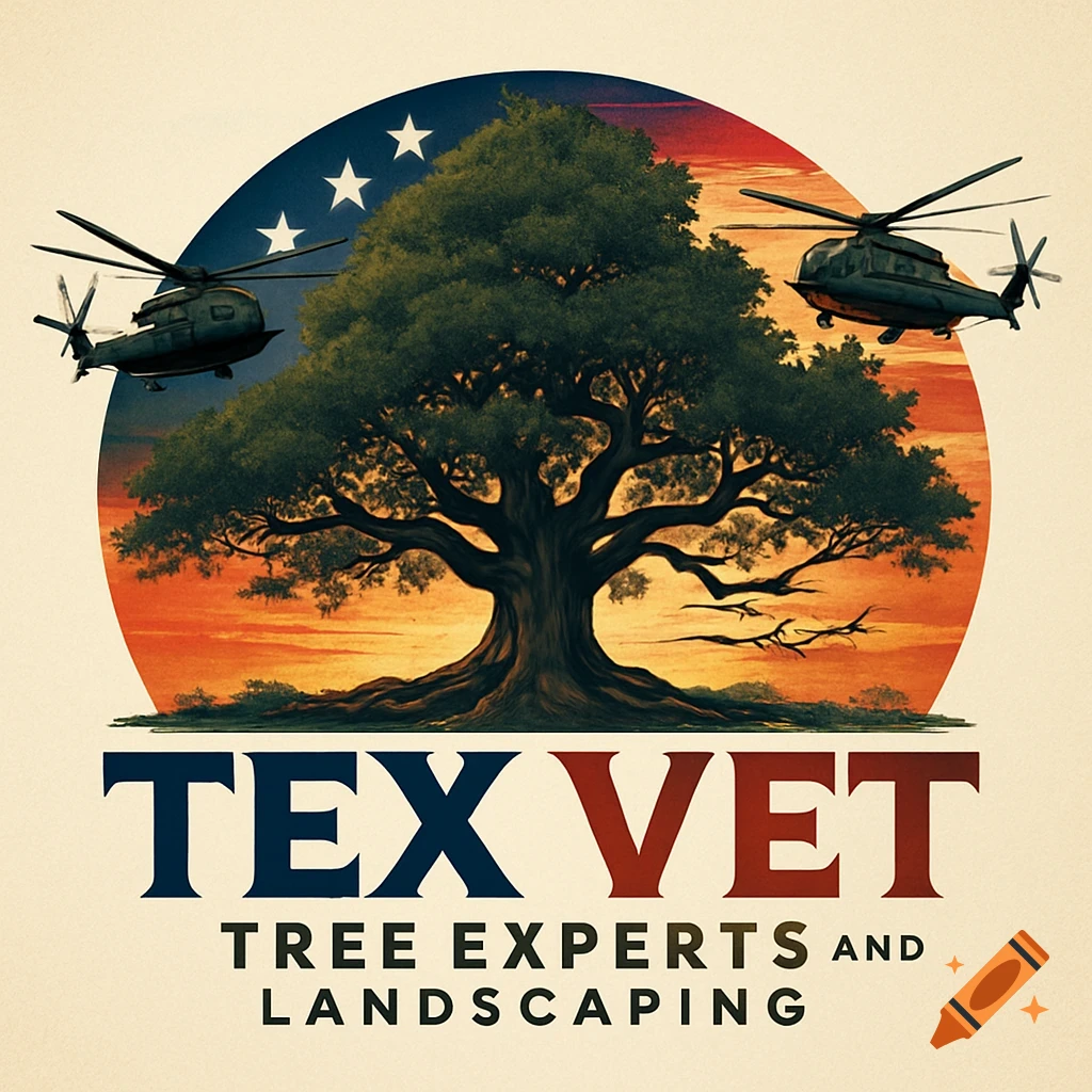 A logo with a large tree, two military helicopters, and a sunset with ...