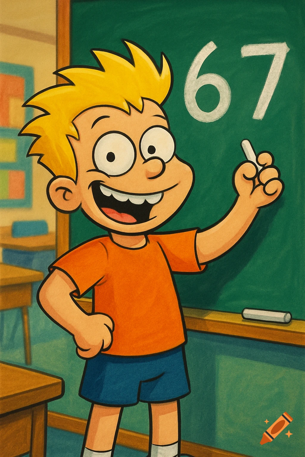 A cartoon boy with spiky yellow hair and an orange shirt stands in a ...