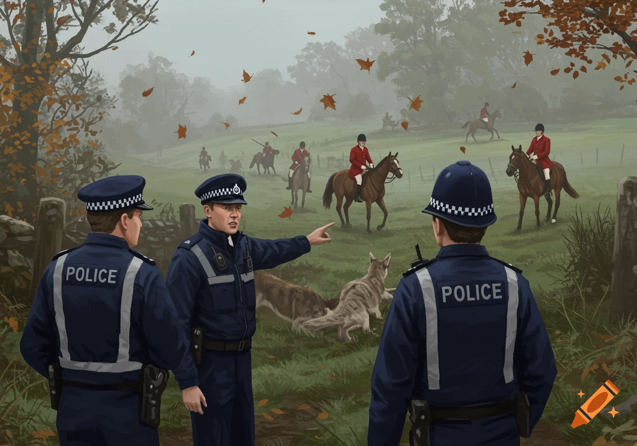 A vibrant autumn painting of a fox hunt with riders on horseback and a ...