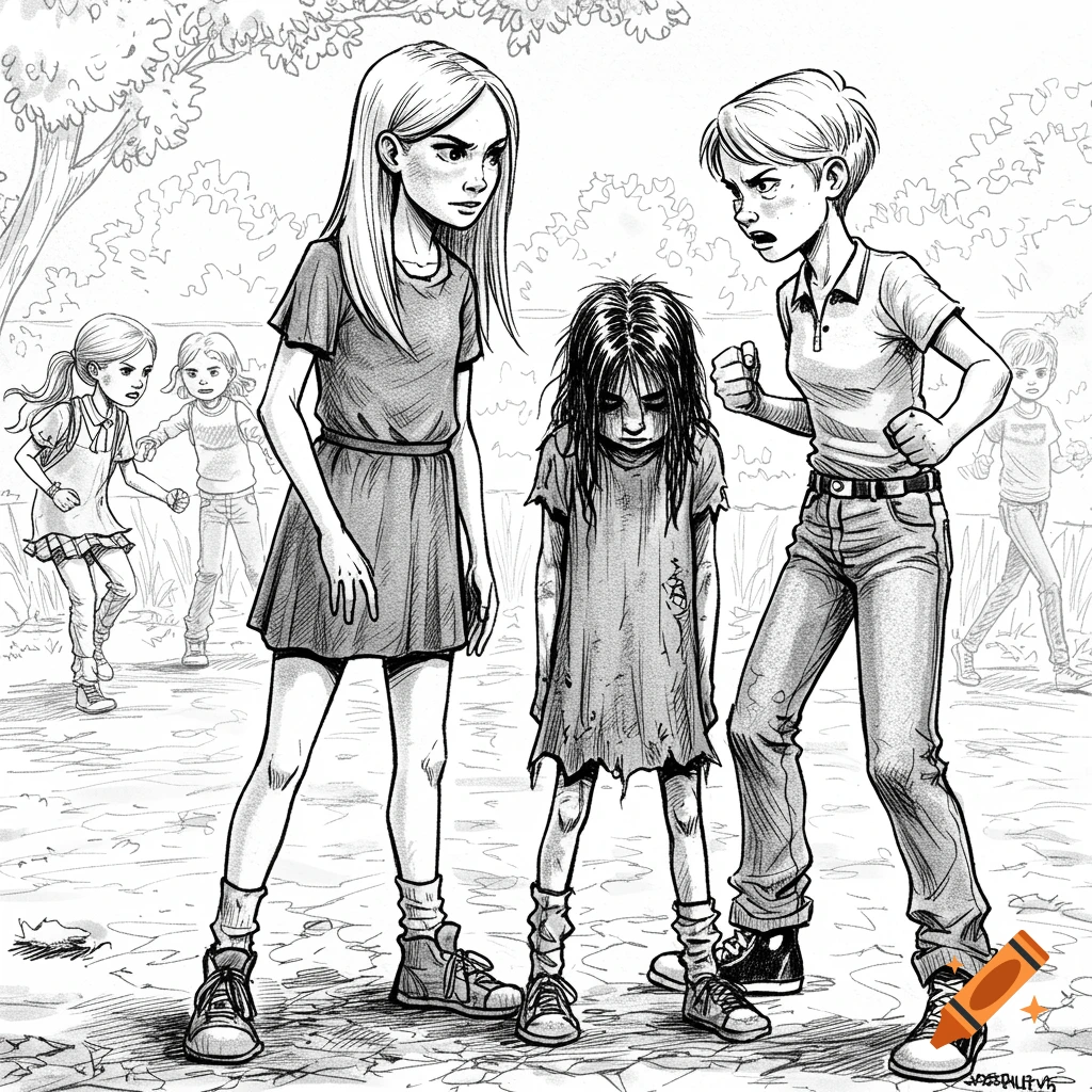 A black and white sketch featuring five stylized characters of varying ...