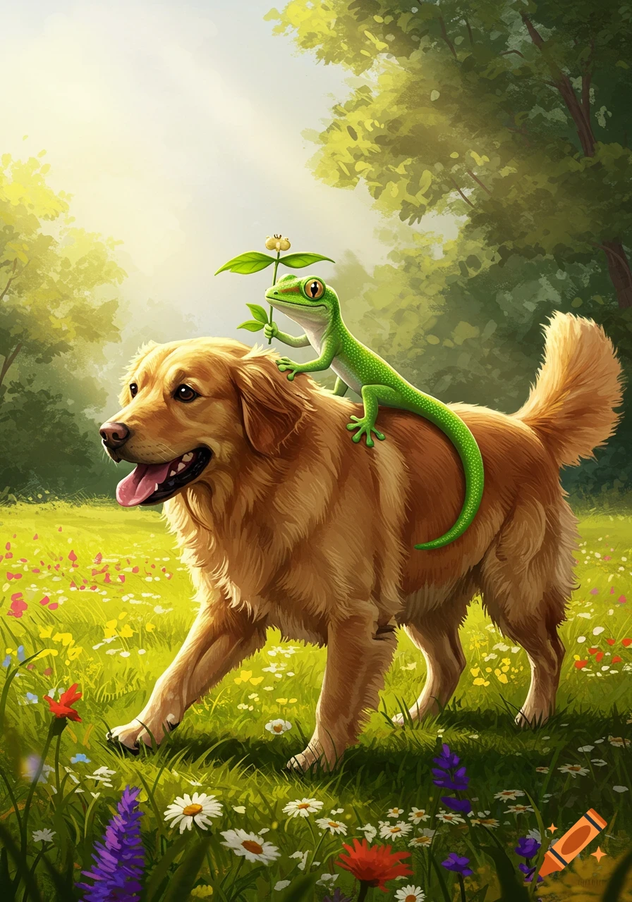 A golden retriever walks through a sunny, flower-filled meadow with a ...