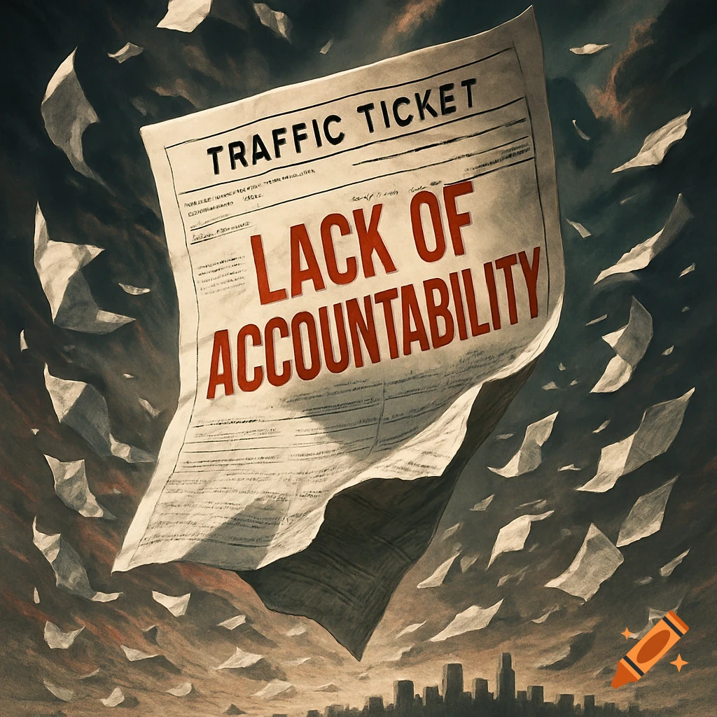 A large traffic ticket with 'TRAFFIC TICKET' and 'LACK OF ...