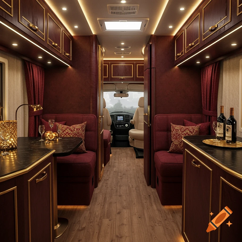 Luxurious RV interior with maroon and gold accents, featuring ...