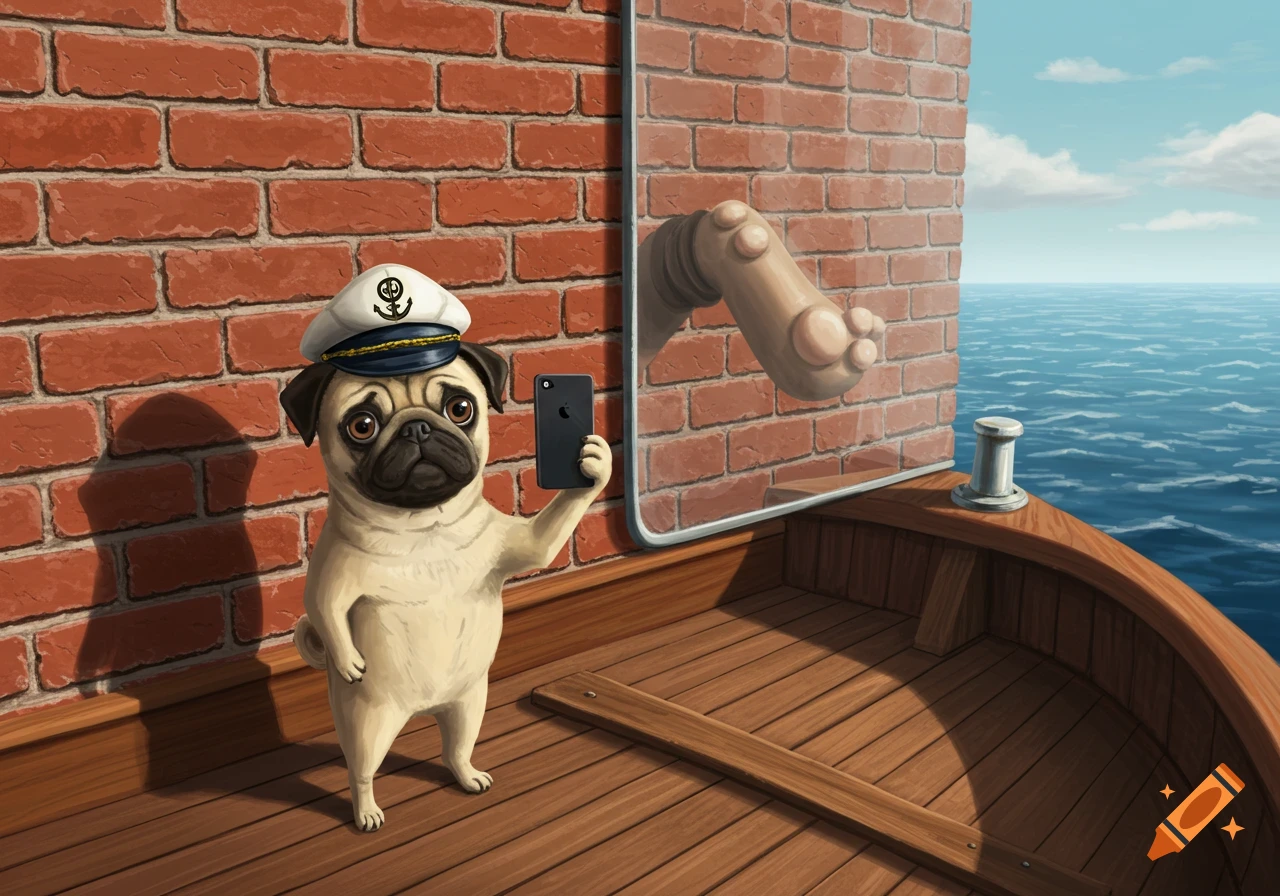 A fluffy white dog stands on an ornate red rug on a wooden boat ...