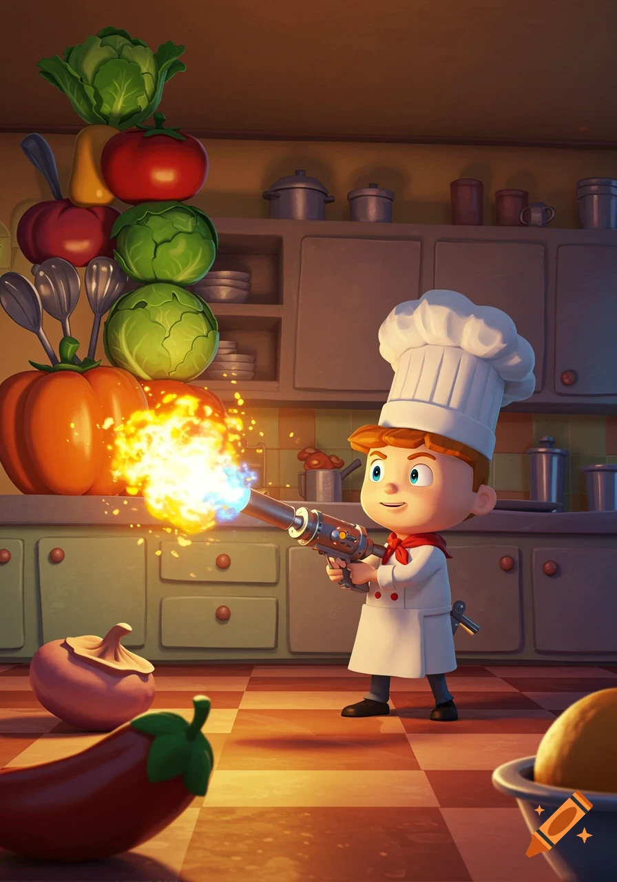 A cartoon boy chef in a kitchen, holding and firing a flamethrower at a ...
