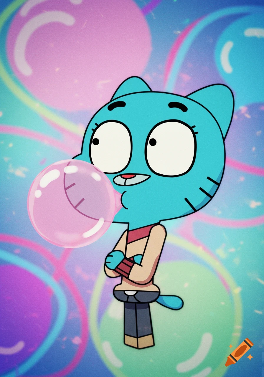 A person in a blue Gumball Watterson mascot costume stands on a paved ...