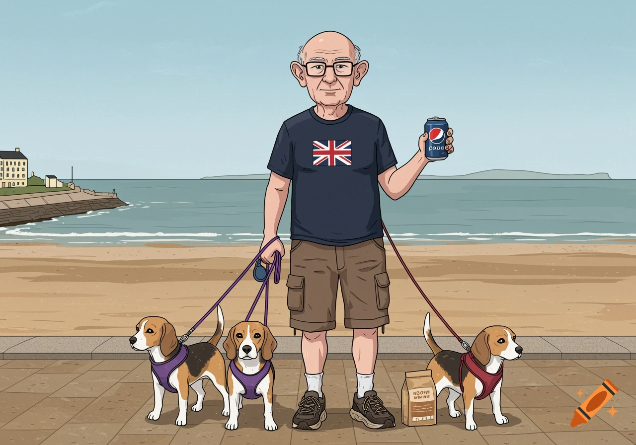 Cartoon illustration of a bald man with glasses holding a Pepsi can and ...