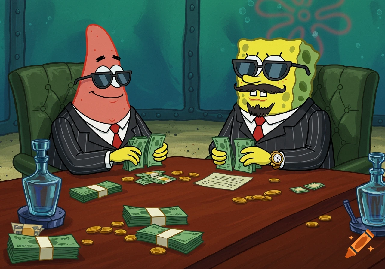 SpongeBob and Patrick in suits and sunglasses, counting stacks of money ...