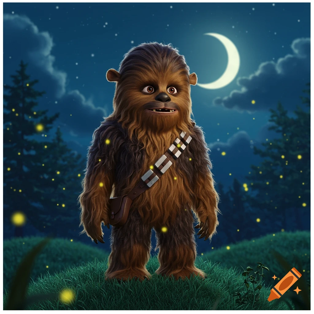 A cartoon Chewbacca-like creature with large eyes stands in a grassy field at night under a ...
