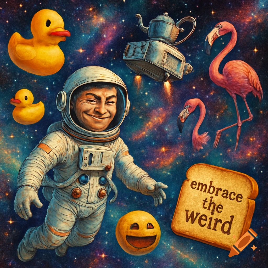 Colorful surreal illustration of an astronaut, rubber ducks, flamingos, a teapot, smiley face ...