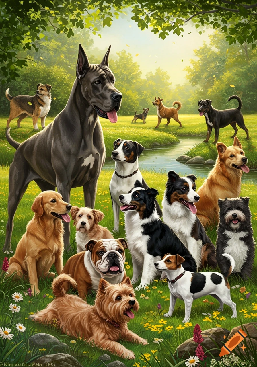 A vibrant digital painting of many different dog breeds playing in a ...