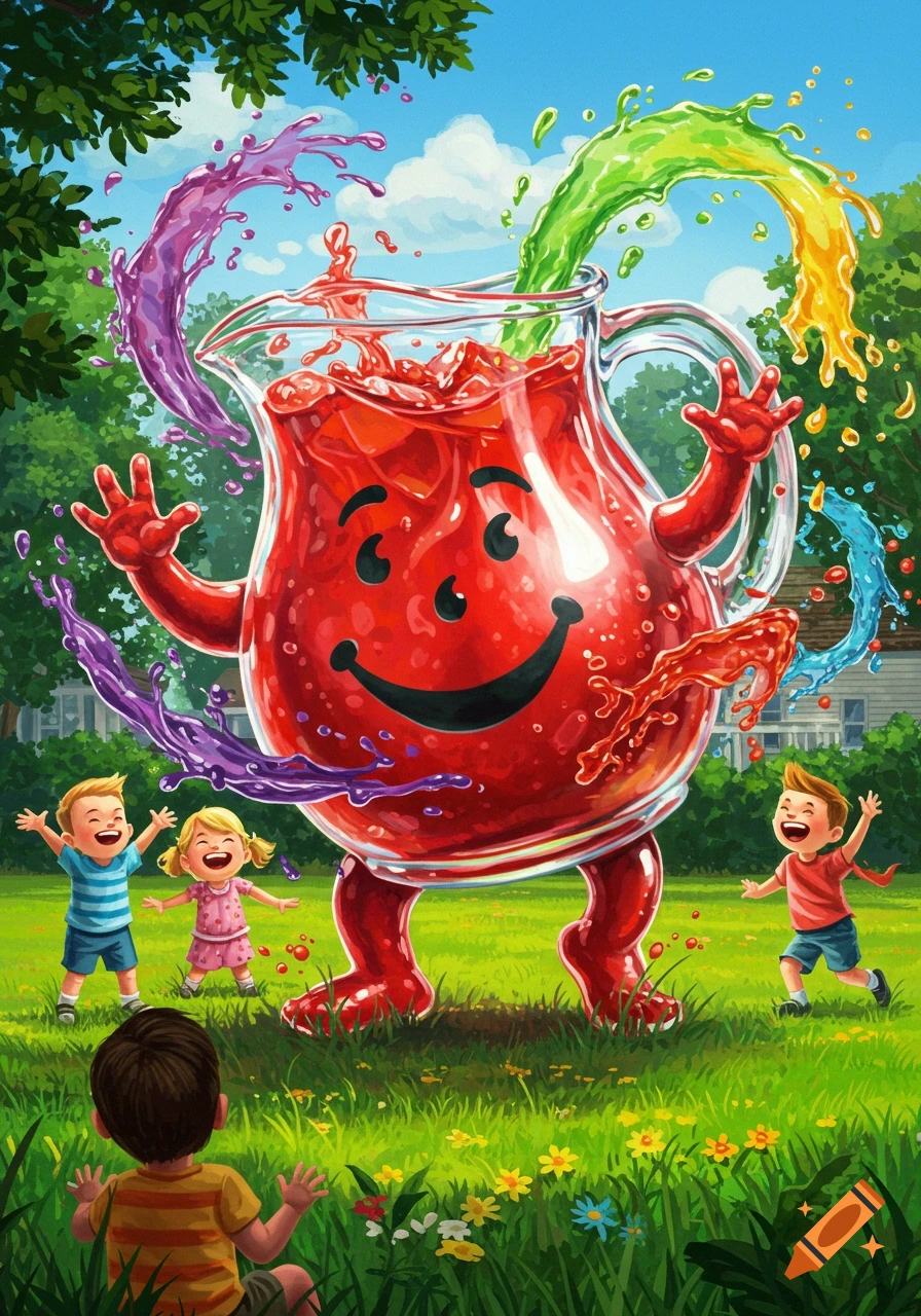 Vibrant cartoon illustration of the Kool-Aid Man splashing colorful ...