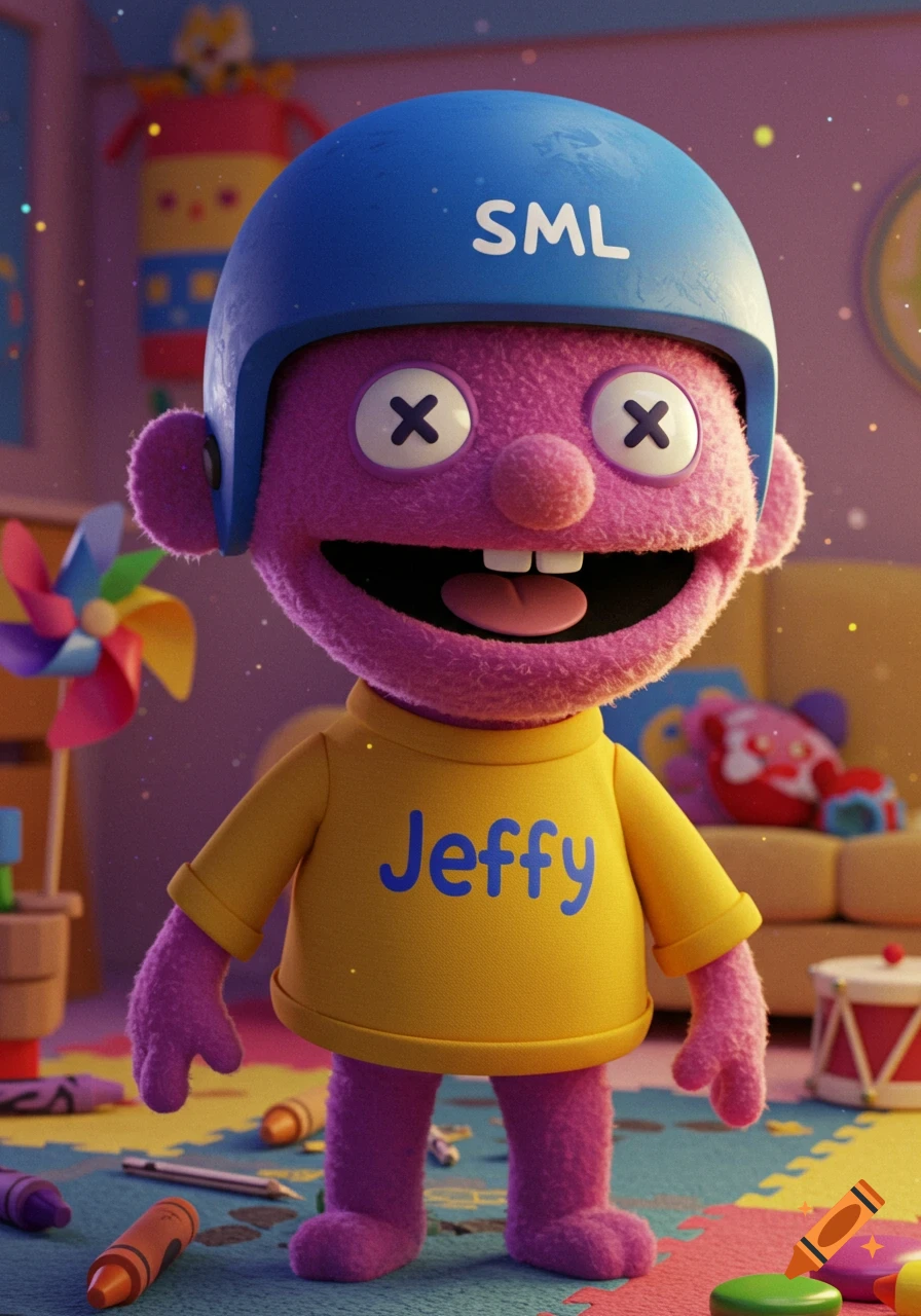 A puppet character named Jeffy with a blue helmet and yellow shirt ...