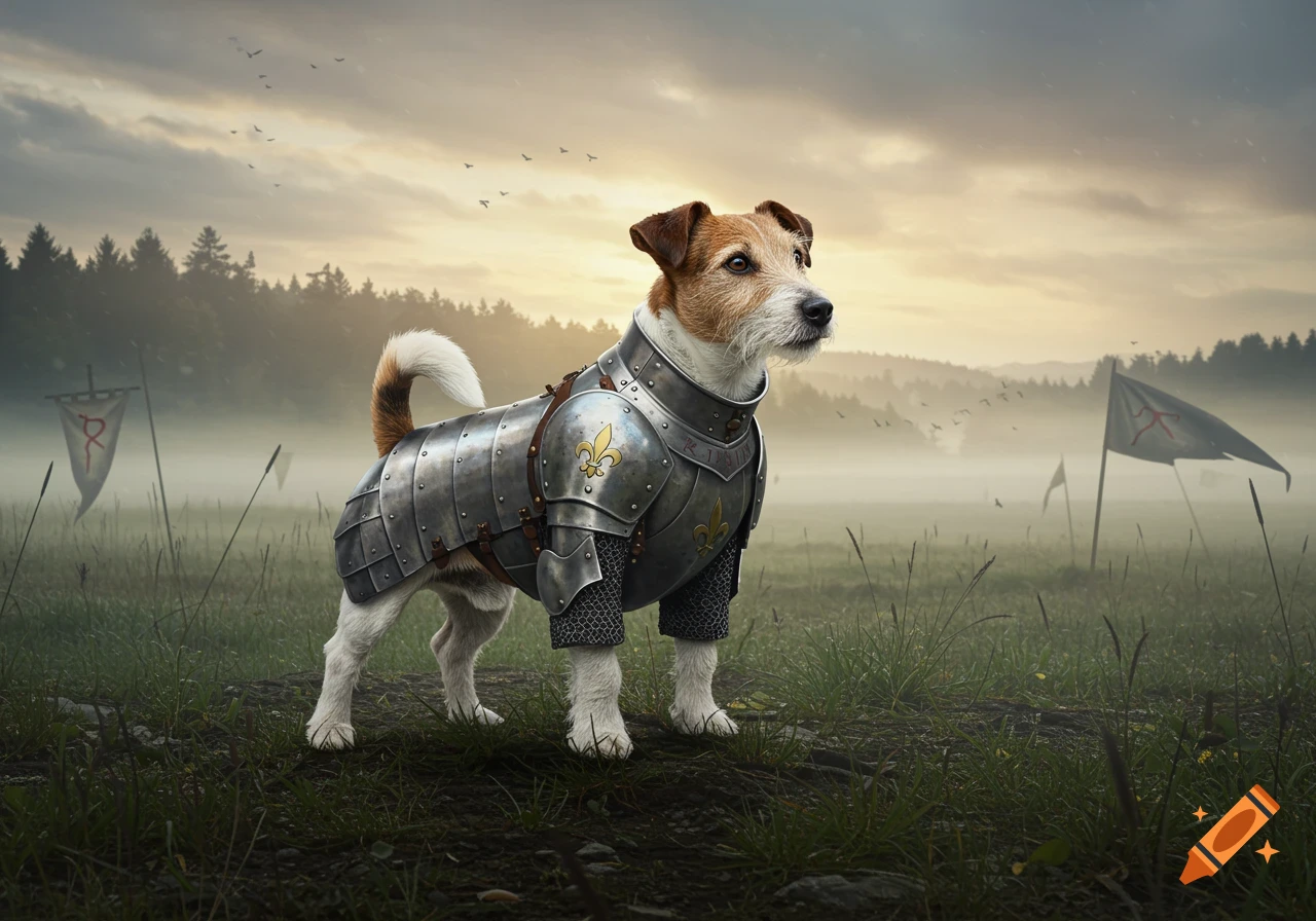 A photorealistic Jack Russell dog wearing knight armor stands in a ...