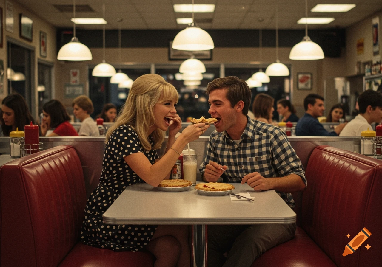 A man and woman in a vintage diner booth, sharing a bite of pie. on Craiyon