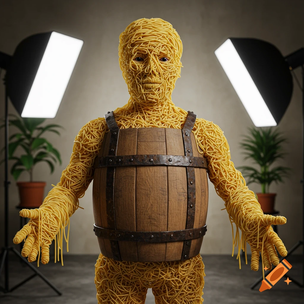 A humanoid figure made of spaghetti, wearing a wooden barrel as a torso ...