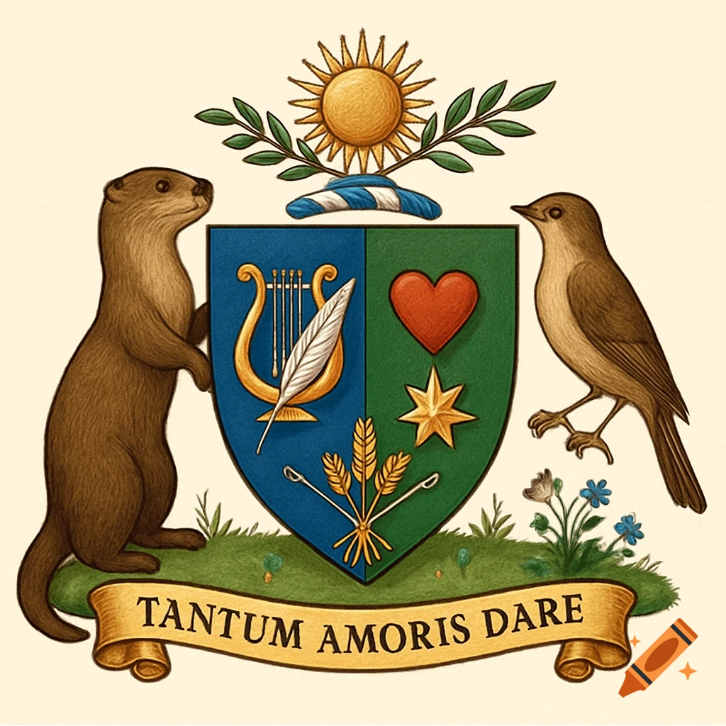 Coat of arms with a raven, rose, stars, and motto on a scroll. Stylized ...