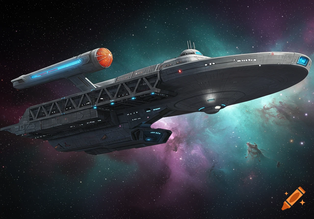 A large, detailed grey spaceship, combining features of Star Trek and ...