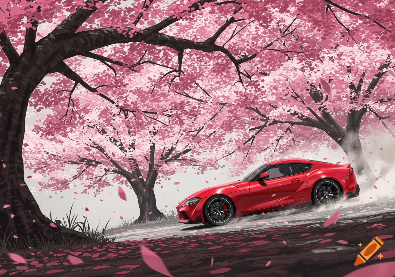 Red Toyota Supra car drifts under pink cherry blossom trees, scattering ...