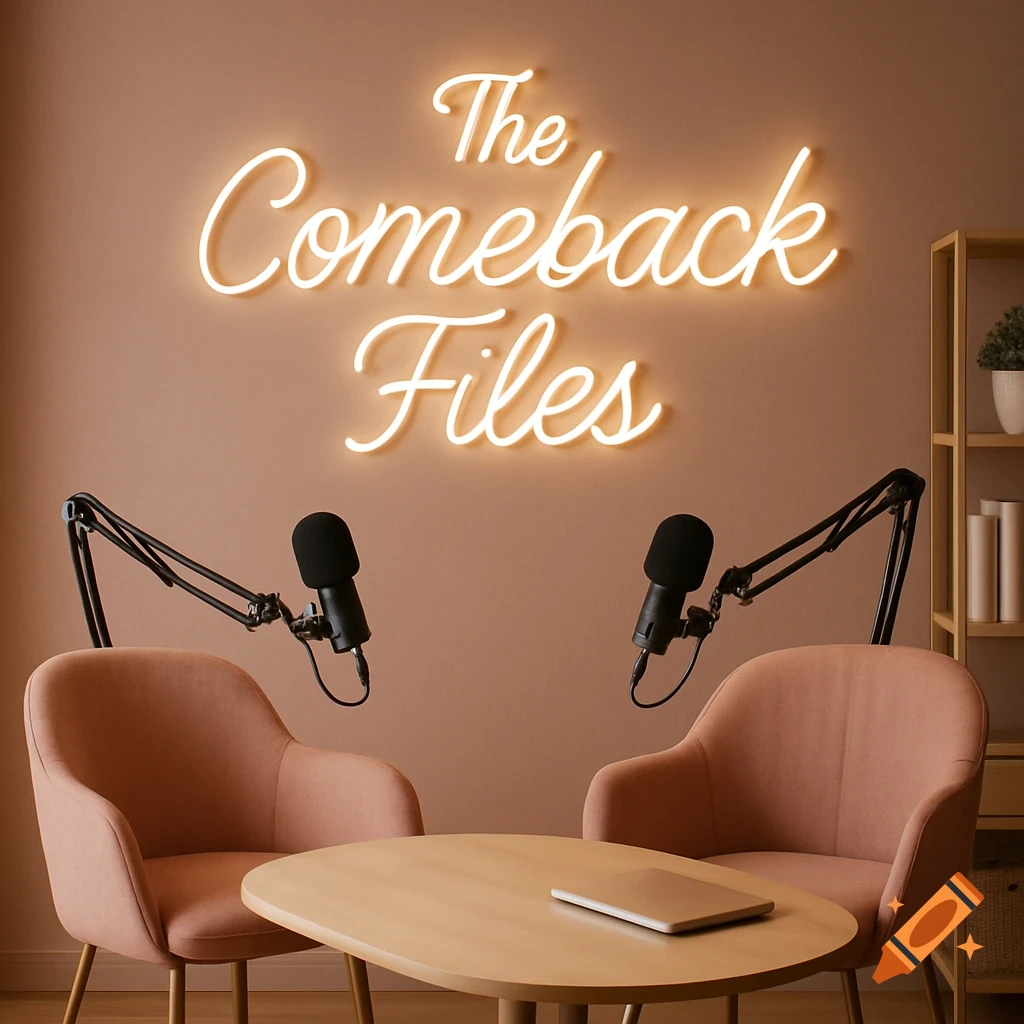 A modern podcast set featuring two pink chairs, microphones, a wooden ...