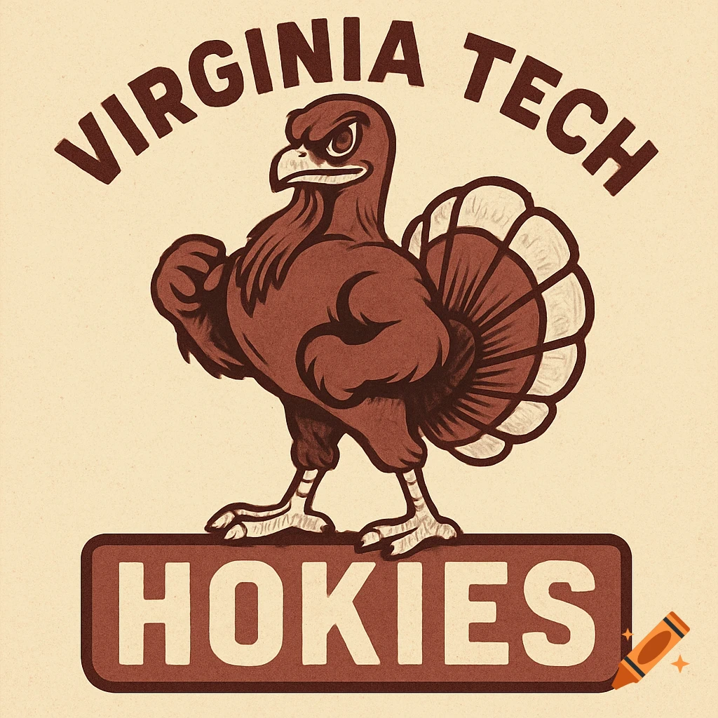 Retro logo of a muscular brown turkey with the words 'VIRGINIA TECH ...