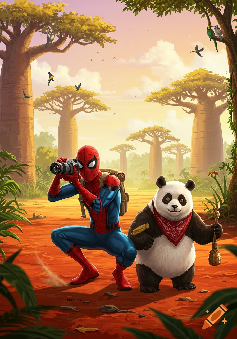 Spider-Man photographs with a panda sidekick in a vibrant, cartoon ...