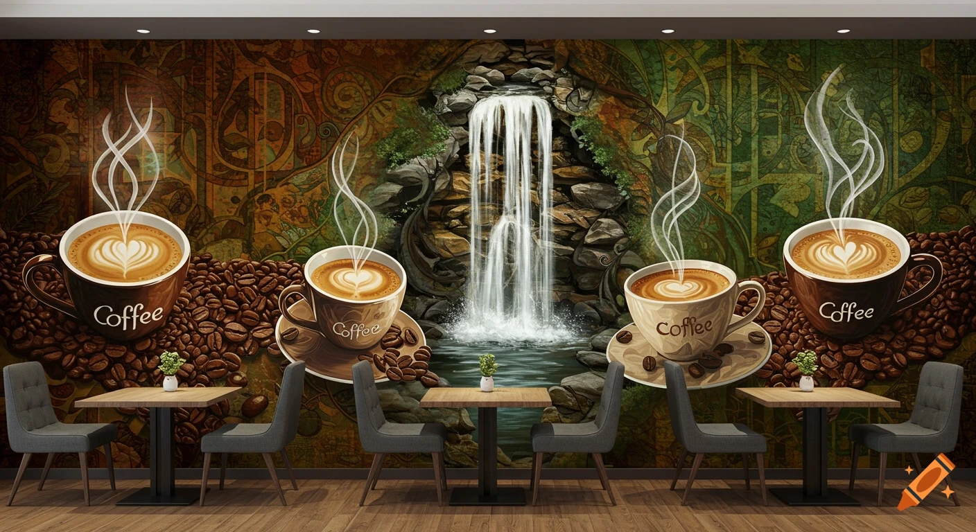 A cafe wall mural featuring steaming coffee cups, coffee beans, and a ...