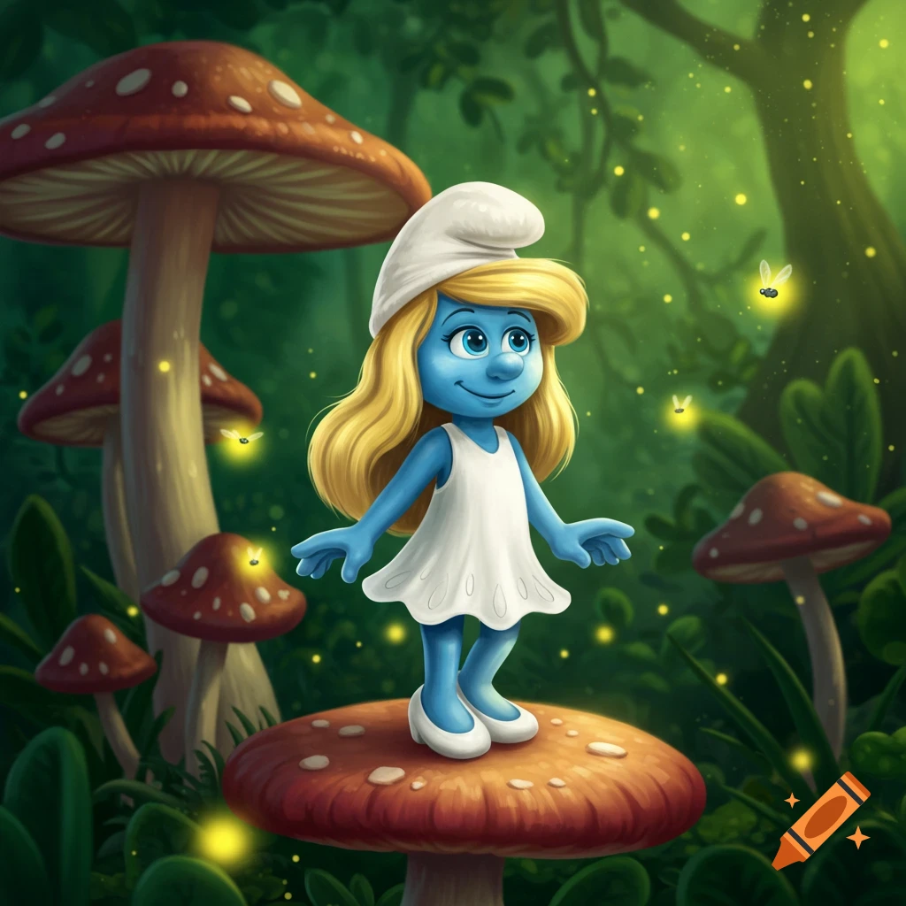 Smurfette standing on a large mushroom in a magical, glowing forest with fireflies. on Craiyon