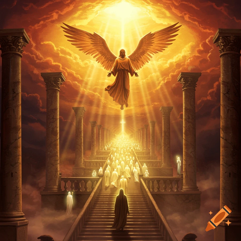 An archangel with large golden wings and glowing eyes floats above a ...