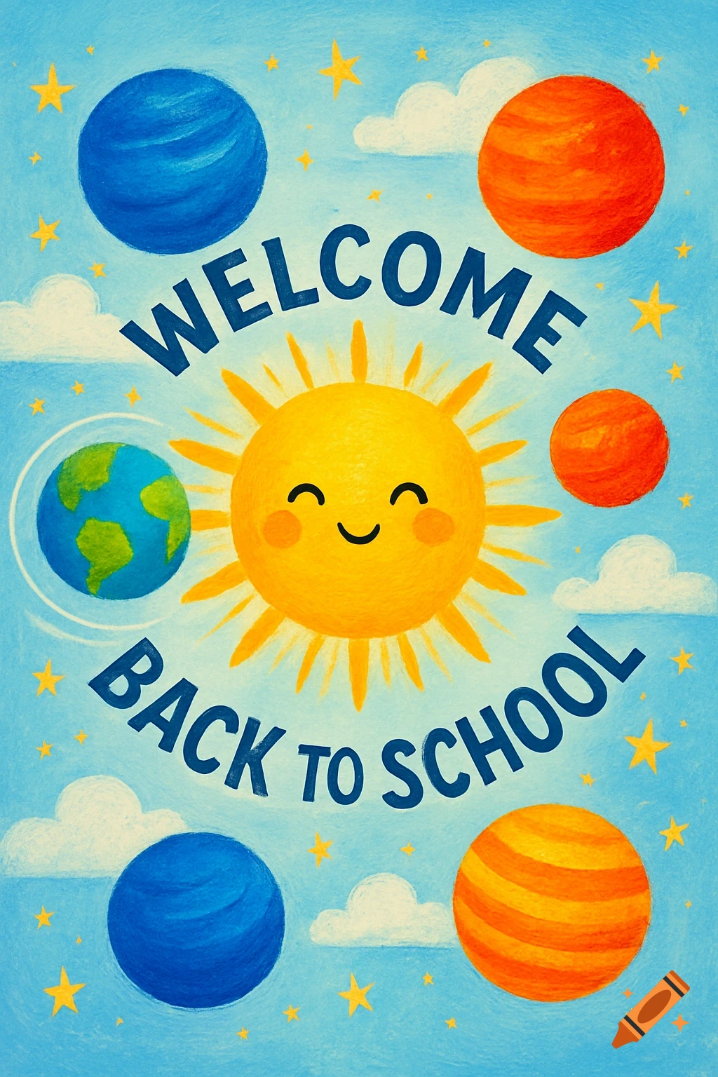 Colorful illustration of a smiling sun, planets, stars, and clouds ...