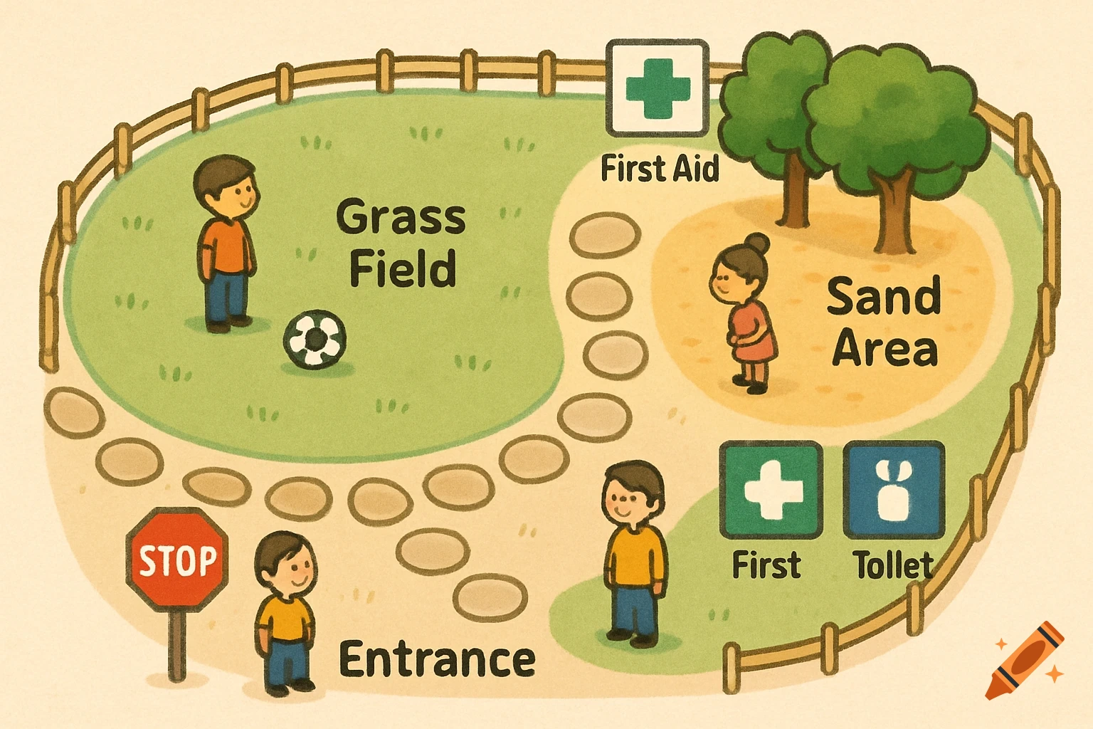 A simplified cartoon map of a park with a grass field, sand area ...